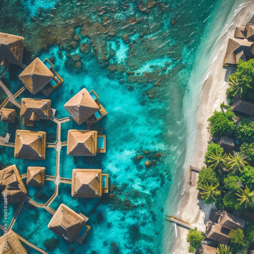 Top down view on villas on the tropical beach with steps into water ...