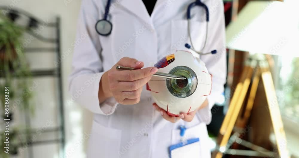 Doctor tells about parts of eyeball using pen and model. Teacher in lab ...