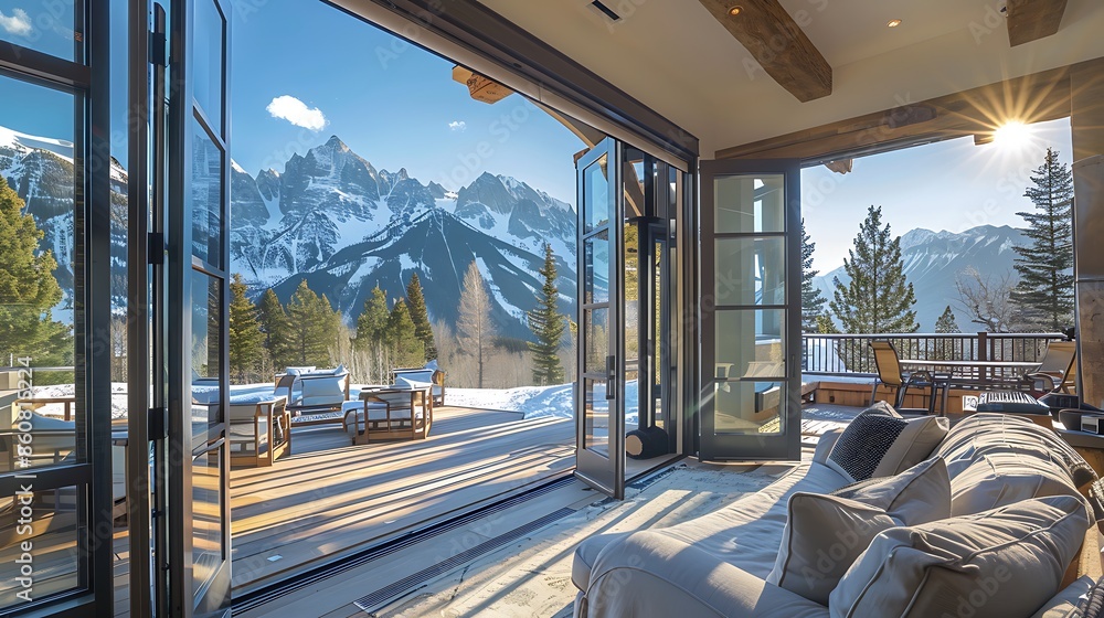 mountain home with bi-folding glass doors that open to a panoramic deck ...