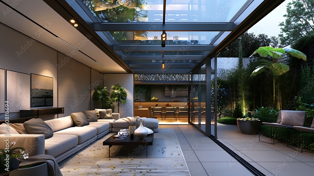 sleek, contemporary living space with a retractable glass ceiling that ...