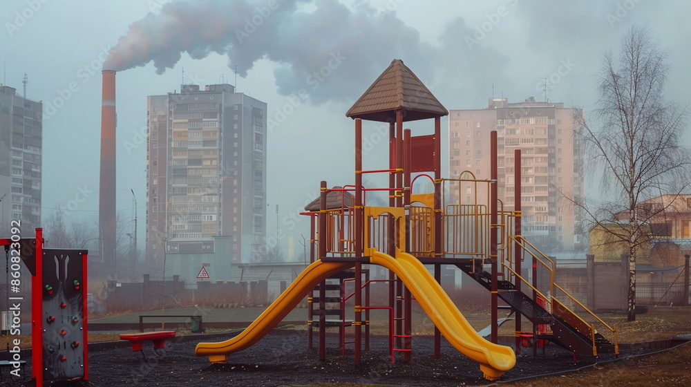 A playground surrounded by industrial facilities emitting smoke and ...