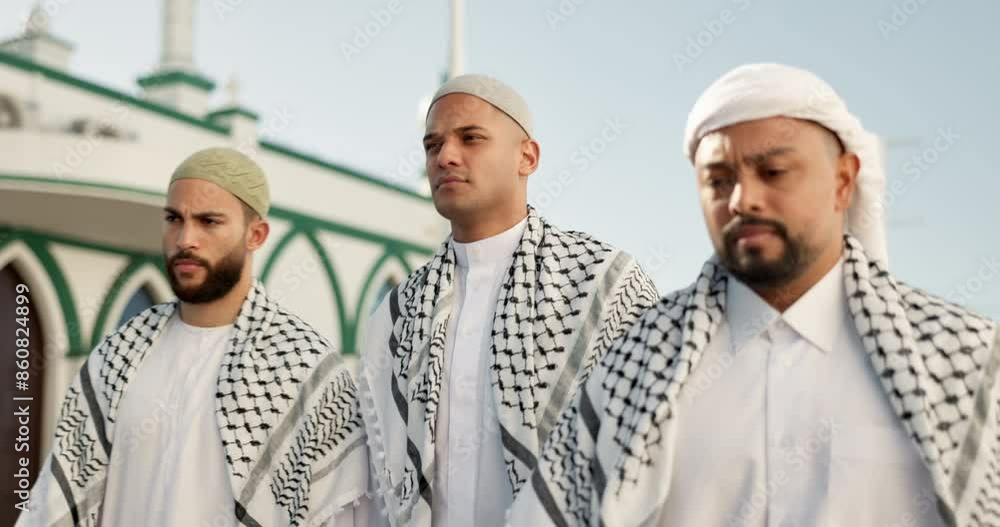 Muslim, religion and men walking to mosque for worship, keffiyeh scarf ...
