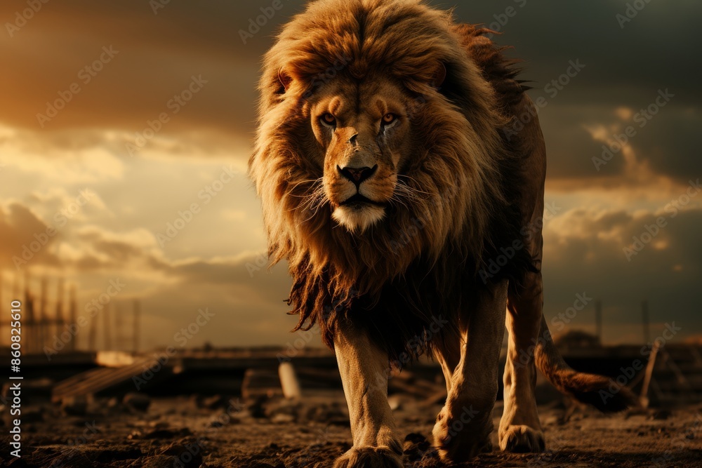 This captivating image showcases the regal lion, the king of the jungle ...