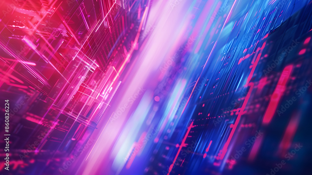 Abstract blue, red, and purple background with interlaced digital ...