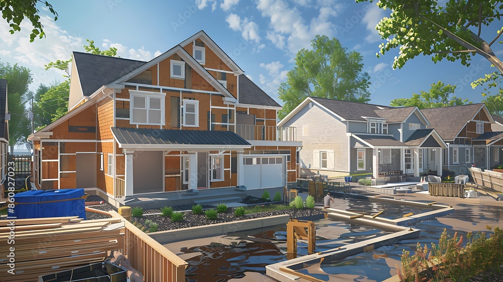 dynamic scene of a house with James Hardie siding undergoing renovation ...