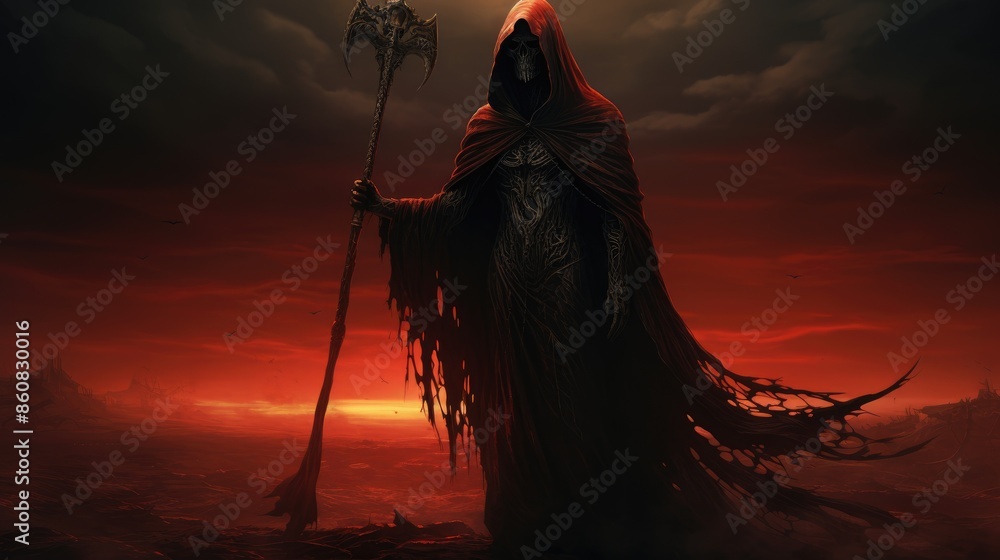 Grim Reaper: the iconic figure of death, shrouded in darkness and ...