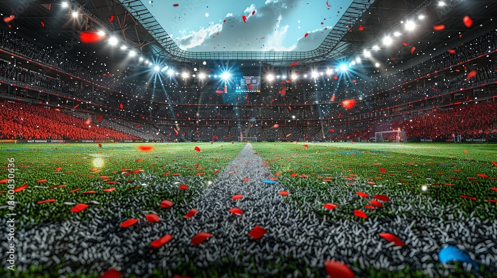 The red team celebrating victory in a high-tech arena, with confetti ...