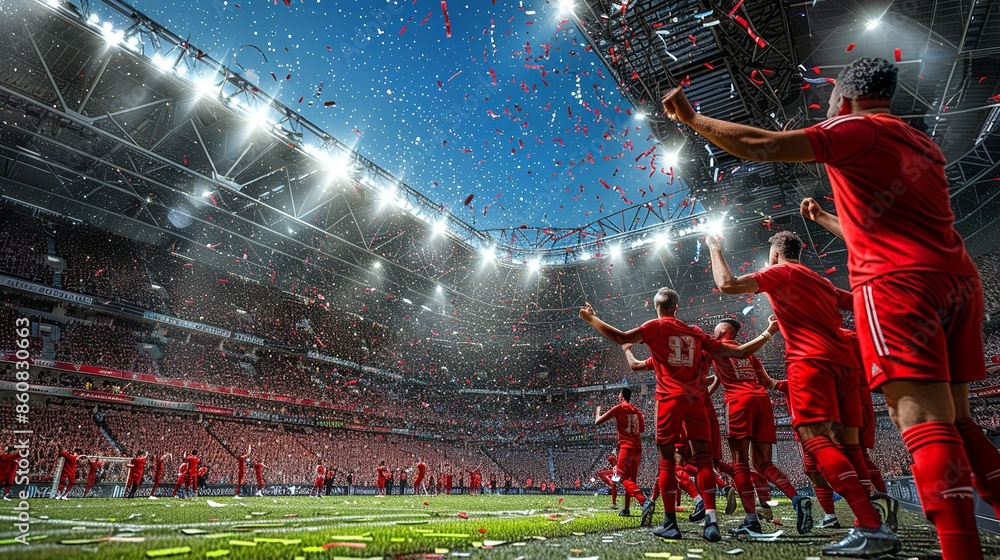 The red team celebrating victory in a high-tech arena, with confetti ...