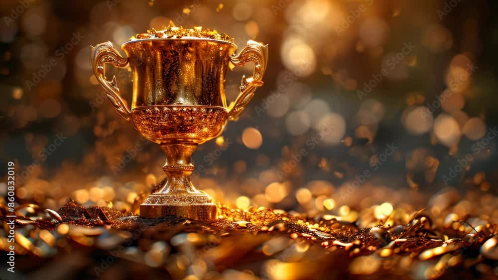 gold winners sports cup on festive golden background with confetti ...
