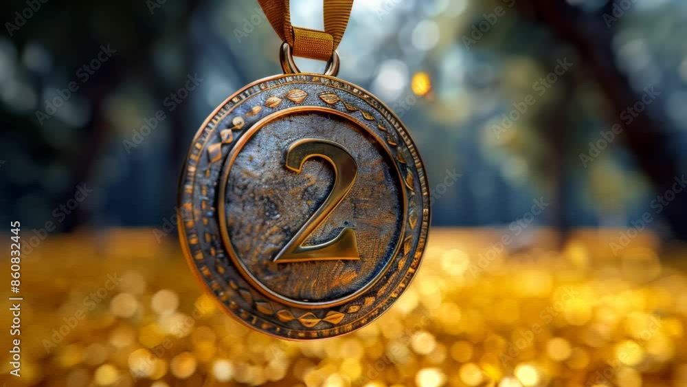 Silver medal with number two for 2nd place laurel wreath on festive ...