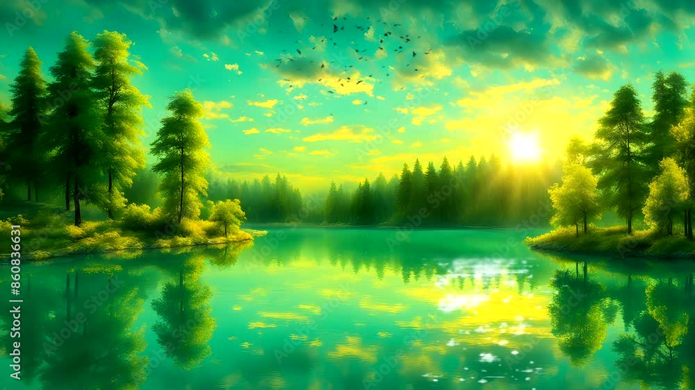 Beautiful river scene in the forest, green grass and green trees ...