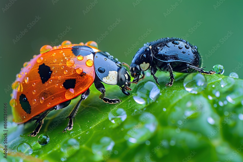 An orange ladybug with black spots and a black bug with a white marking ...