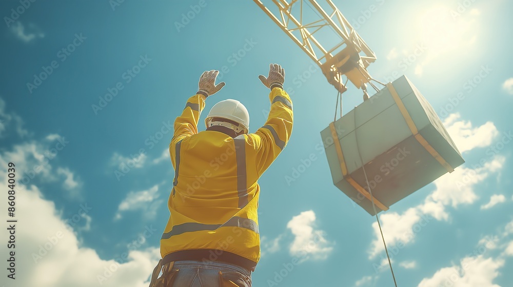 rigger worker wearing a safety glove standing using a hand signal by ...
