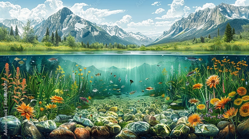 Illustrate the habitats of freshwater fish with realistic depictions of ...