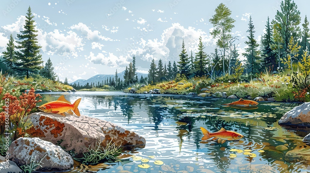 Illustrate freshwater fish habitats with detailed drawings of rivers ...