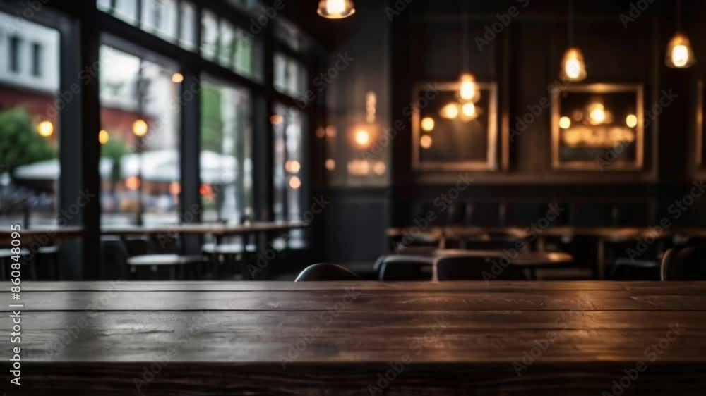 dark blurred background with empty table top, cafe restaurant windows ...