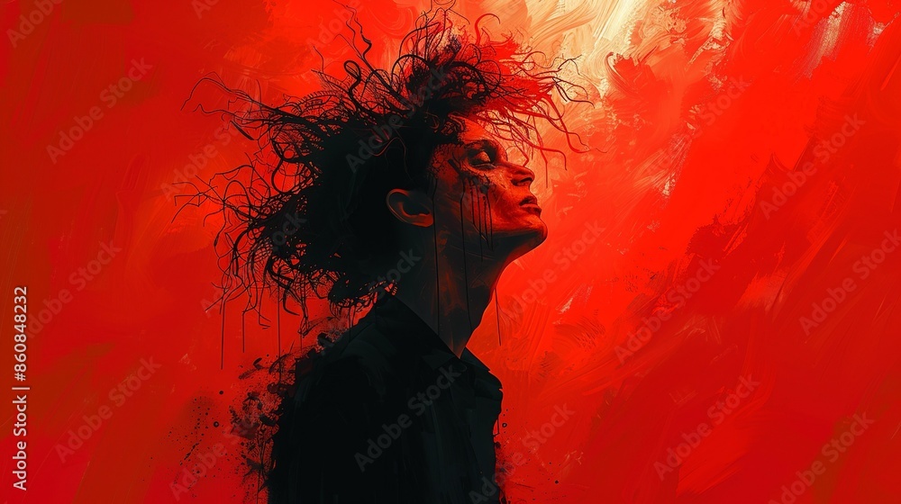 A psychotic character, with wild hair and a crazed expression, depicted ...