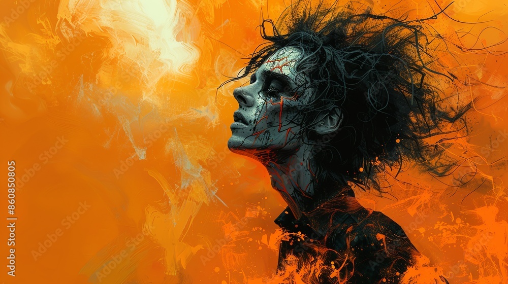 A psychotic character, with wild hair and a crazed expression, depicted ...