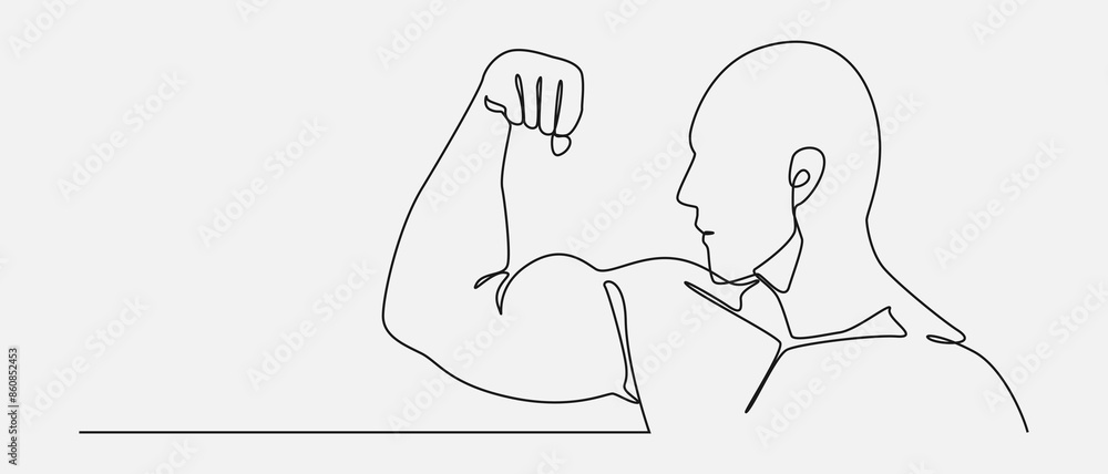 Continuous one line drawing of bald man showing muscle. Editable stroke ...