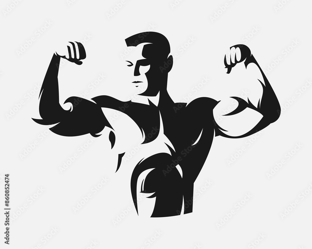Silhouette of bodybuilder showing muscles, flexing biceps muscles ...
