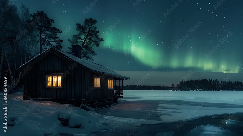 small, remote cabin with a dark mahogany exterior, nestled beside a ...