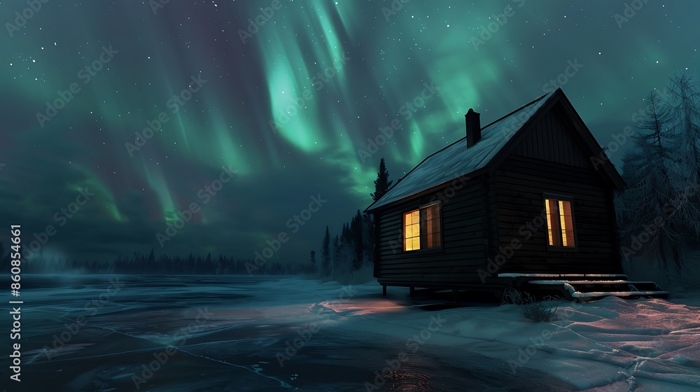 small, remote cabin with a dark mahogany exterior, nestled beside a ...