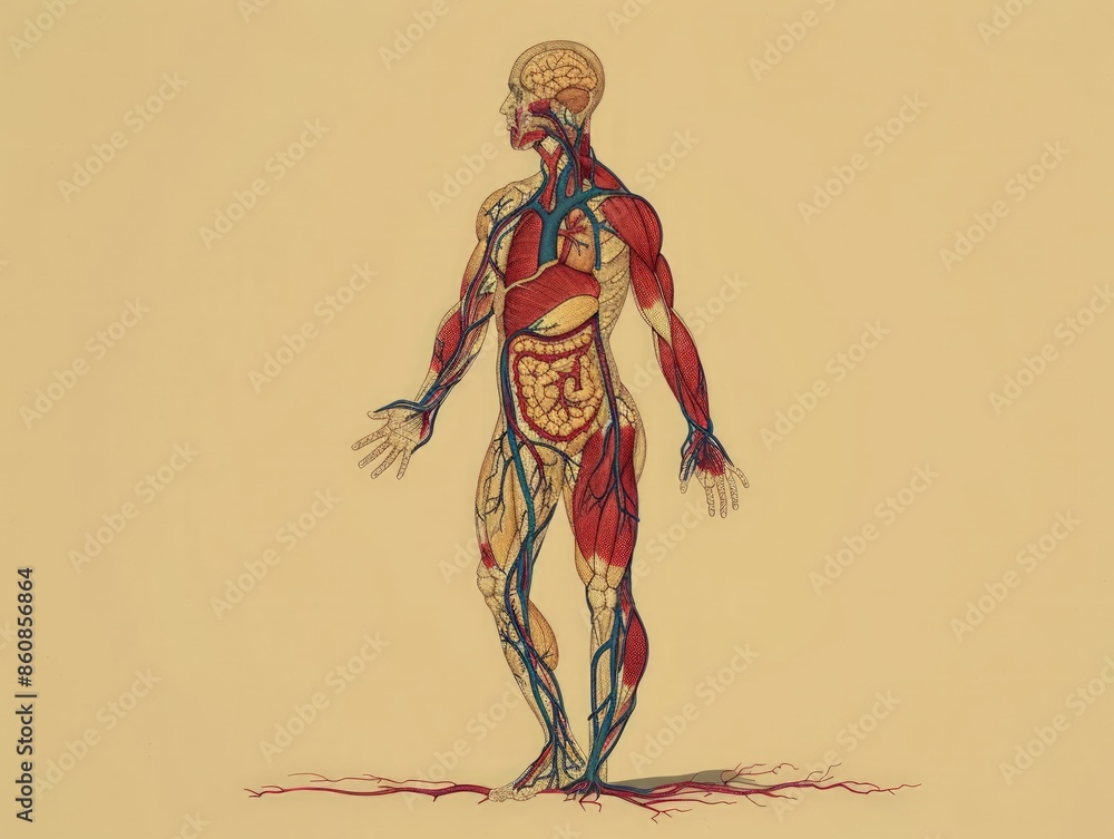 the human circulatory system, showing heart, arteries, veins, and ...