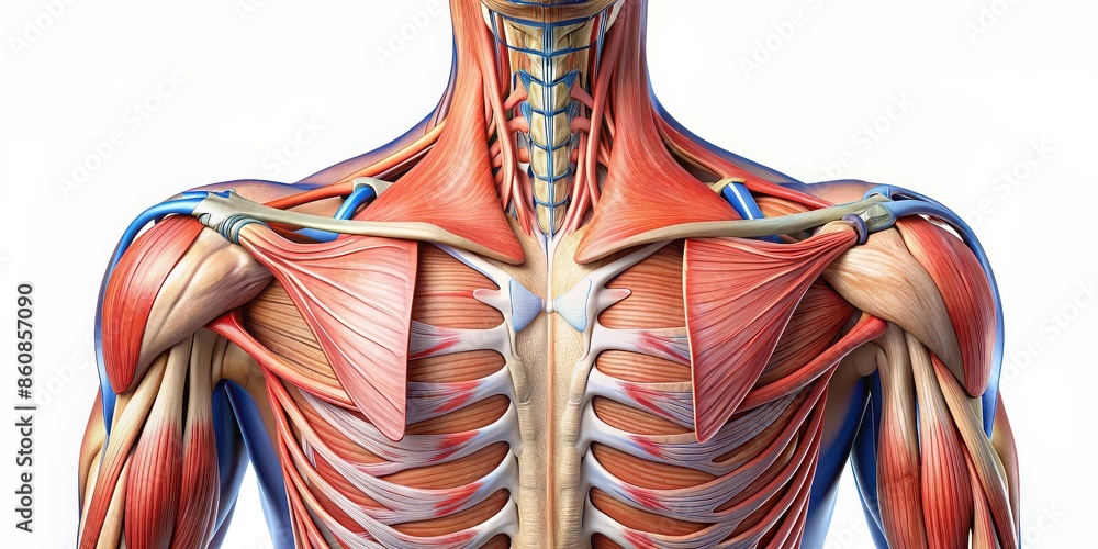 Shoulder muscles anatomy posterior view with superficial and deep layers, medically illustrated ...