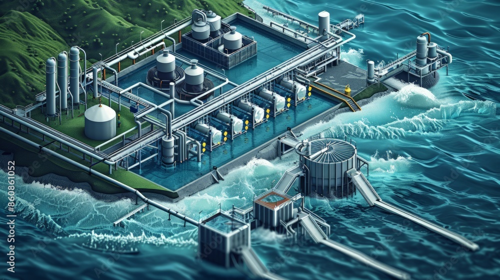 the process of chemical desalination using reverse osmosis, showing ...
