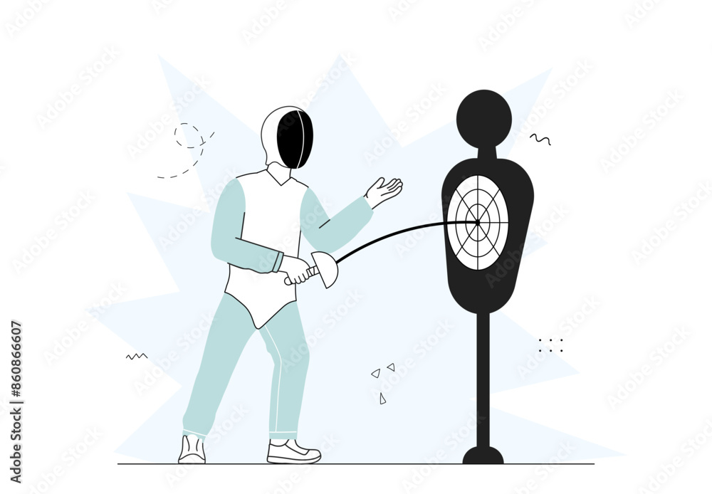 Swordsman practice concept. Man with sword hits mannequin. Foil fencer ...