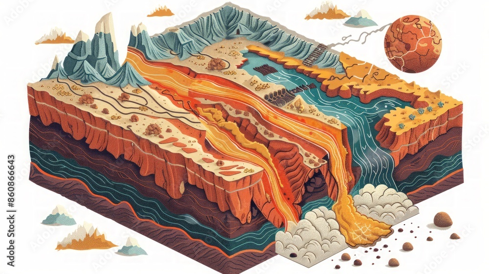 the process of earthquake formation, showing fault lines, seismic waves ...