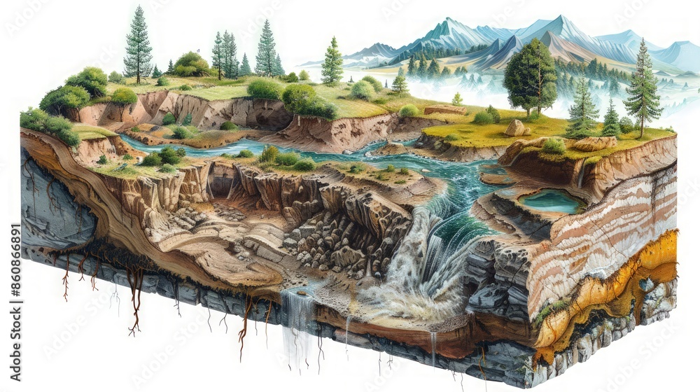 ภาพประกอบสต็อก the process of sediment transport, showing sediment ...