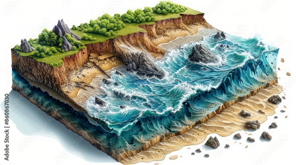 the process of coastal processes, showing wave action, tidal movements ...