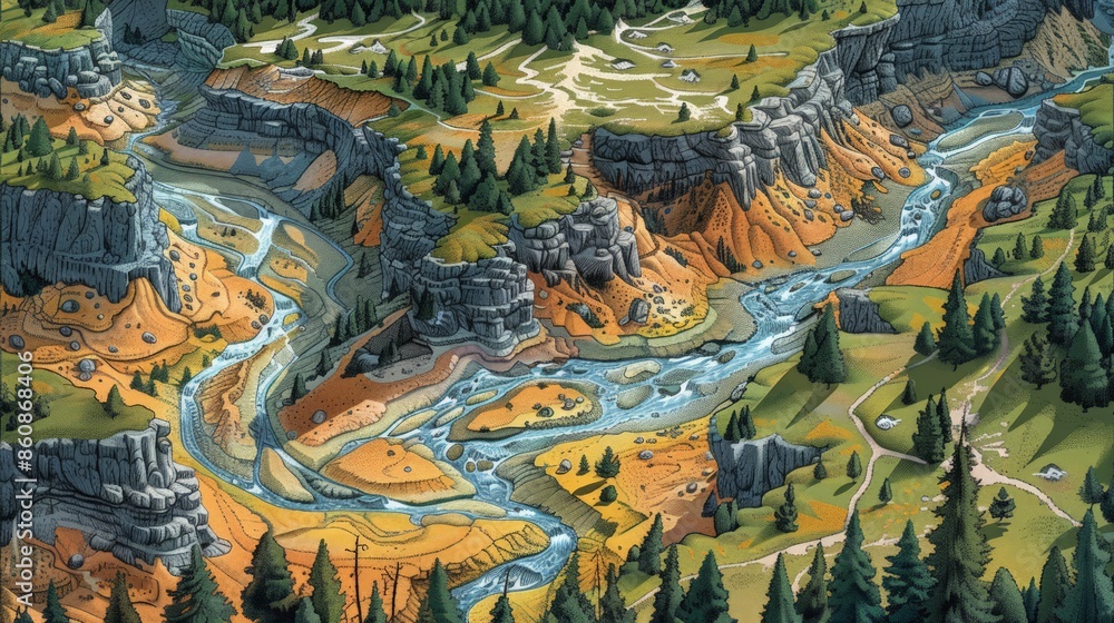 the process of river meandering, showing river bends, erosion and ...