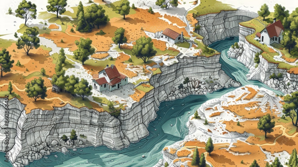 the process of river meandering, showing river bends, erosion and ...