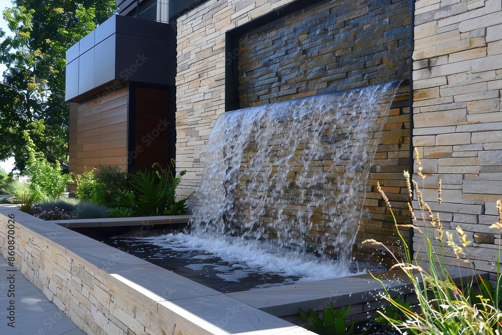 contemporary outdoor water feature combining sleek waterfall and ...