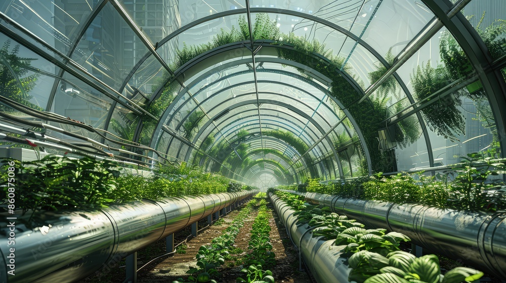 A futuristic solarpunk greenhouse on a city's outskirts, blending ...