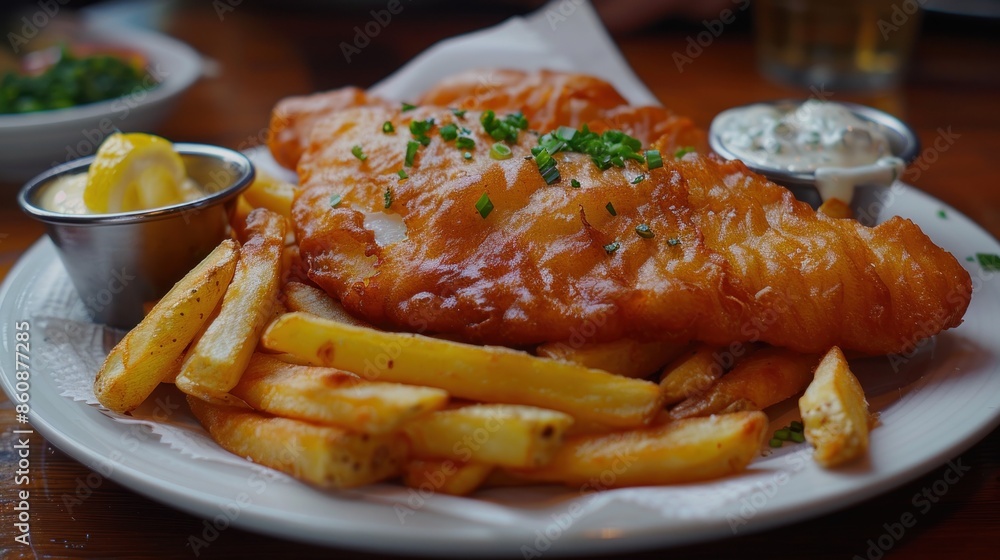Crispy fish and chips, featuring tender flaky fish coated in a golden ...