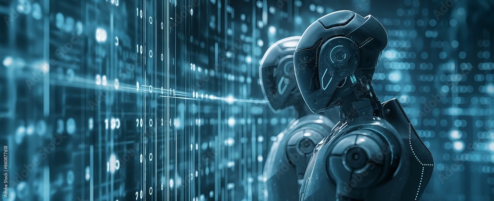 The image depicts two advanced industrial robots with a high-tech ...