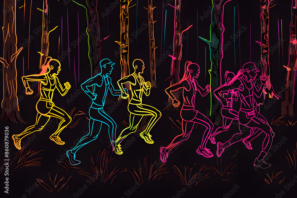 Neon illustration of a group of runners racing through a forest during ...