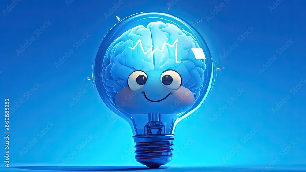 Happy lightbulb with a brain inside, cheerful eyes, front view, blue ...