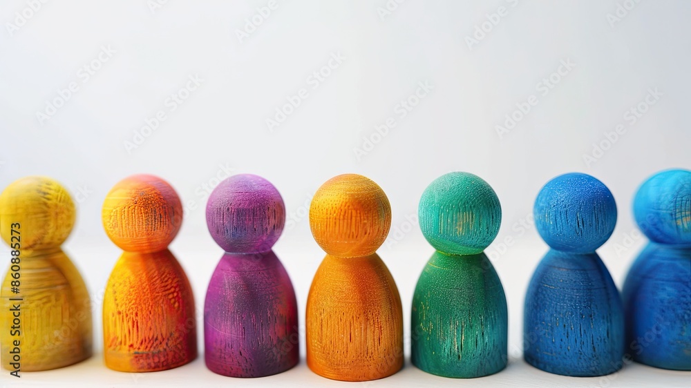 Colorful wooden people figures on a white background with copy space ...