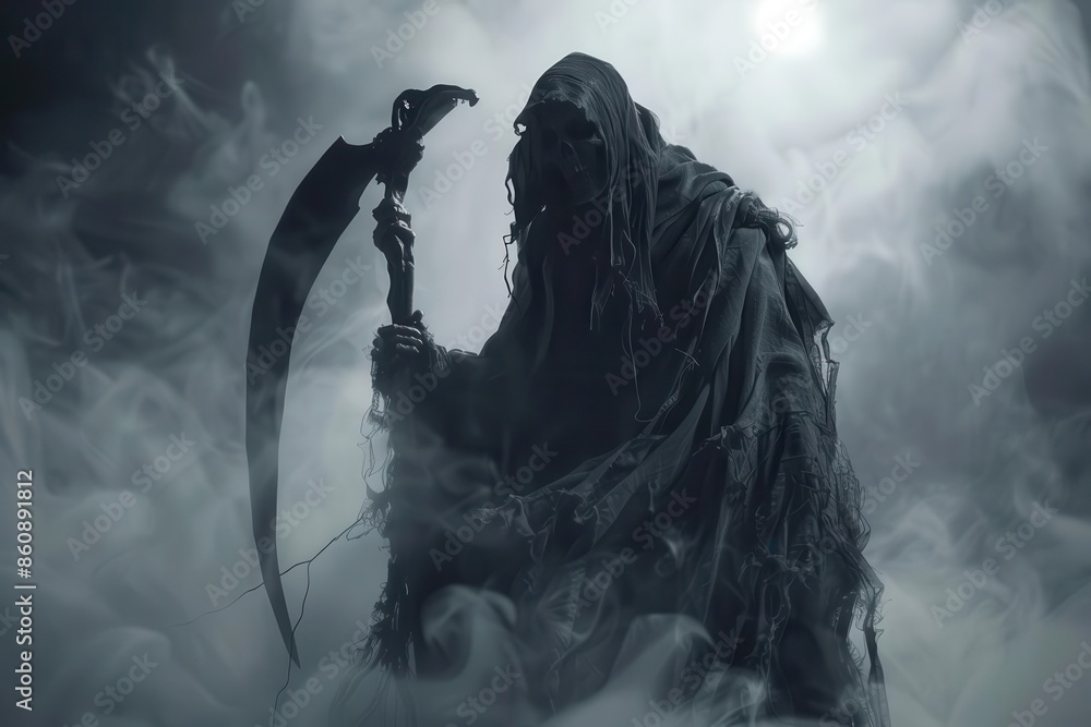 haunting figure of death scythe gleaming in moonlight tattered cloak billows ominously skeletal ...