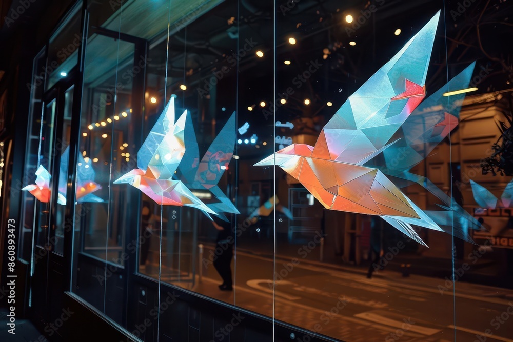 kinetic origami birds with bioluminescent accents interactive window ...