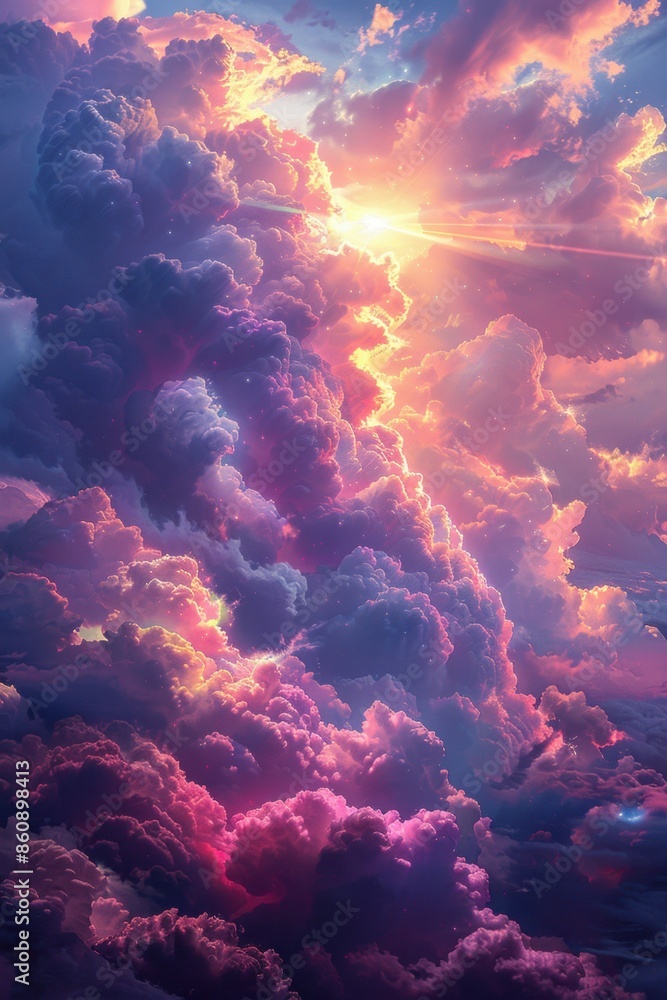 Vibrant, colorful sky with radiant sunset beaming through dramatic ...