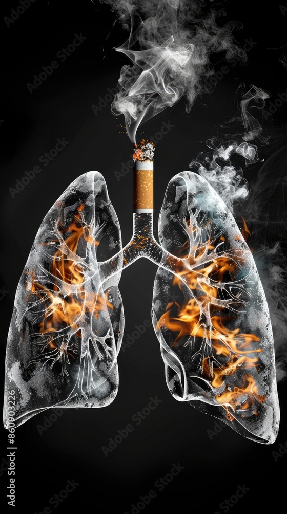The poison of cigarettes. Burning lungs smoking injury to health. black ...