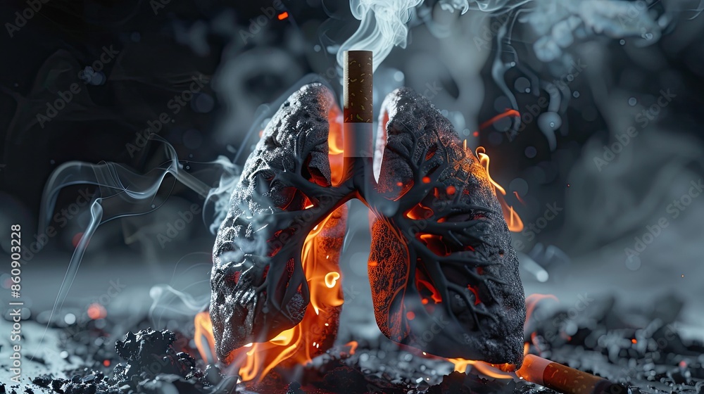 The poison of cigarettes. Burning lungs smoking injury to health. black ...