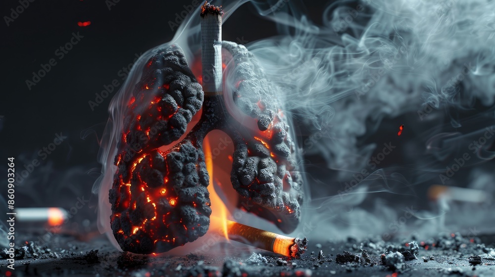 The poison of cigarettes. Burning lungs smoking injury to health. black ...
