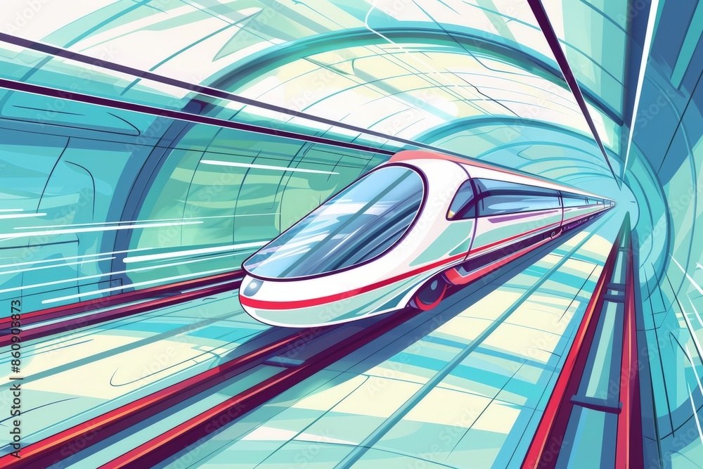 Cartoon cute doodles of a futuristic hyperloop train speeding through a ...