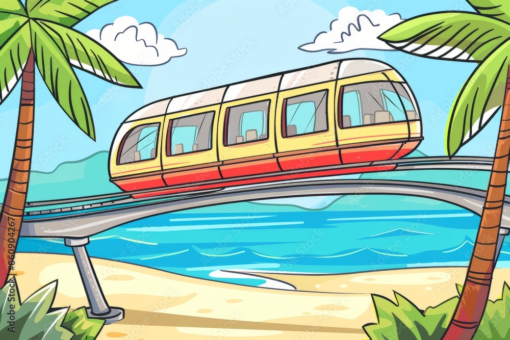 Cartoon cute doodles of a joyful monorail train gliding above a sunny ...